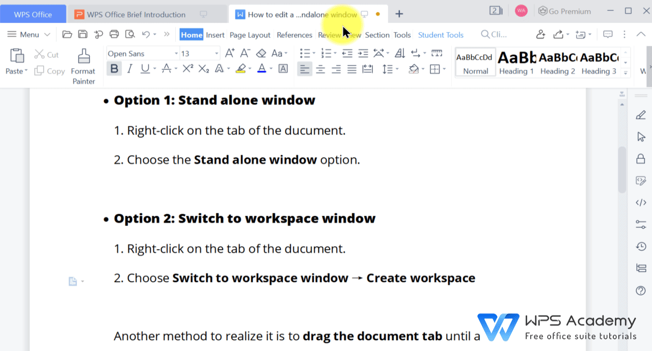 How to edit a document in an individual window | WPS Office Academy