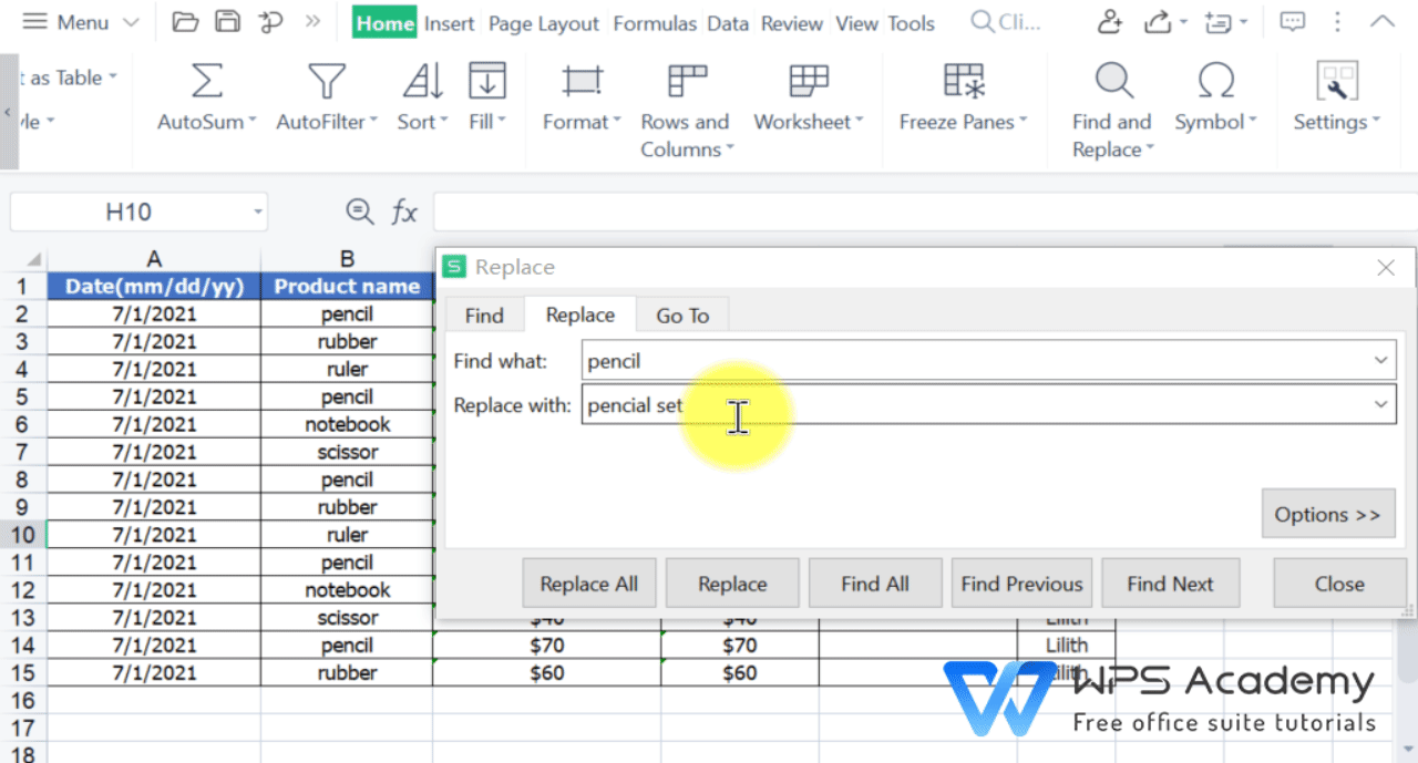 Find and replace functions in Spreadsheet | WPS Office Academy