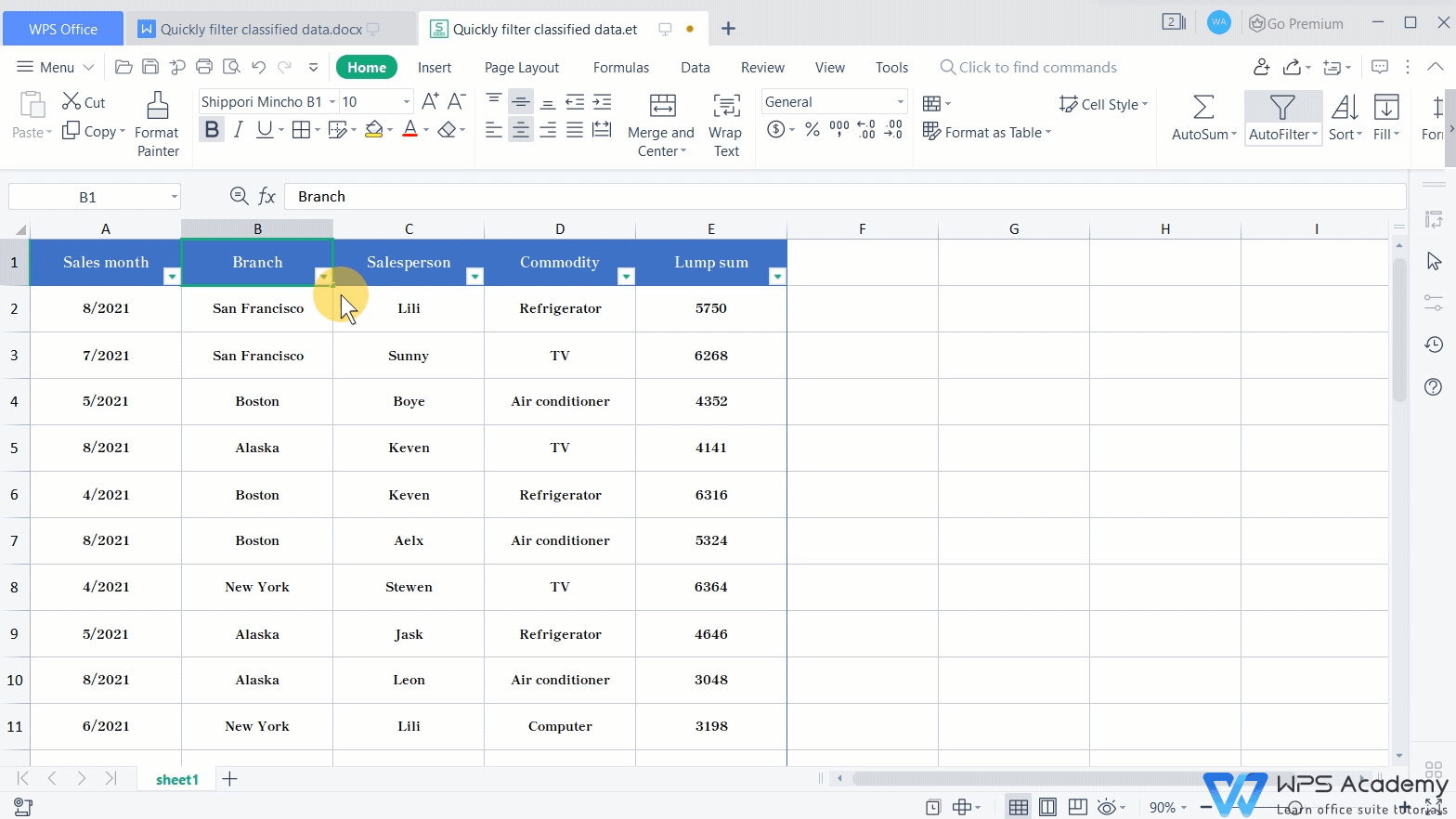Quickly filter classified data | WPS Academy Free Office Courses