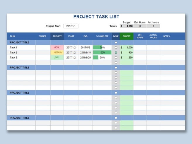 Excel Tasks Template