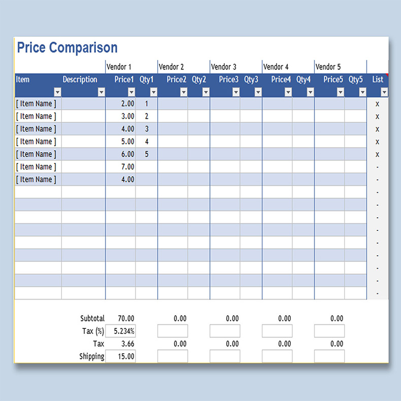 Excel Price List Template