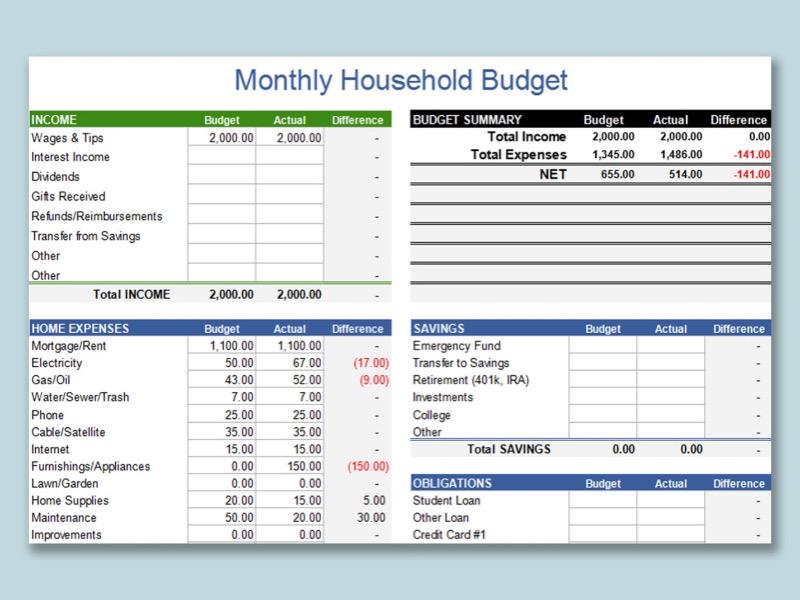 Household Monthly Budget Template